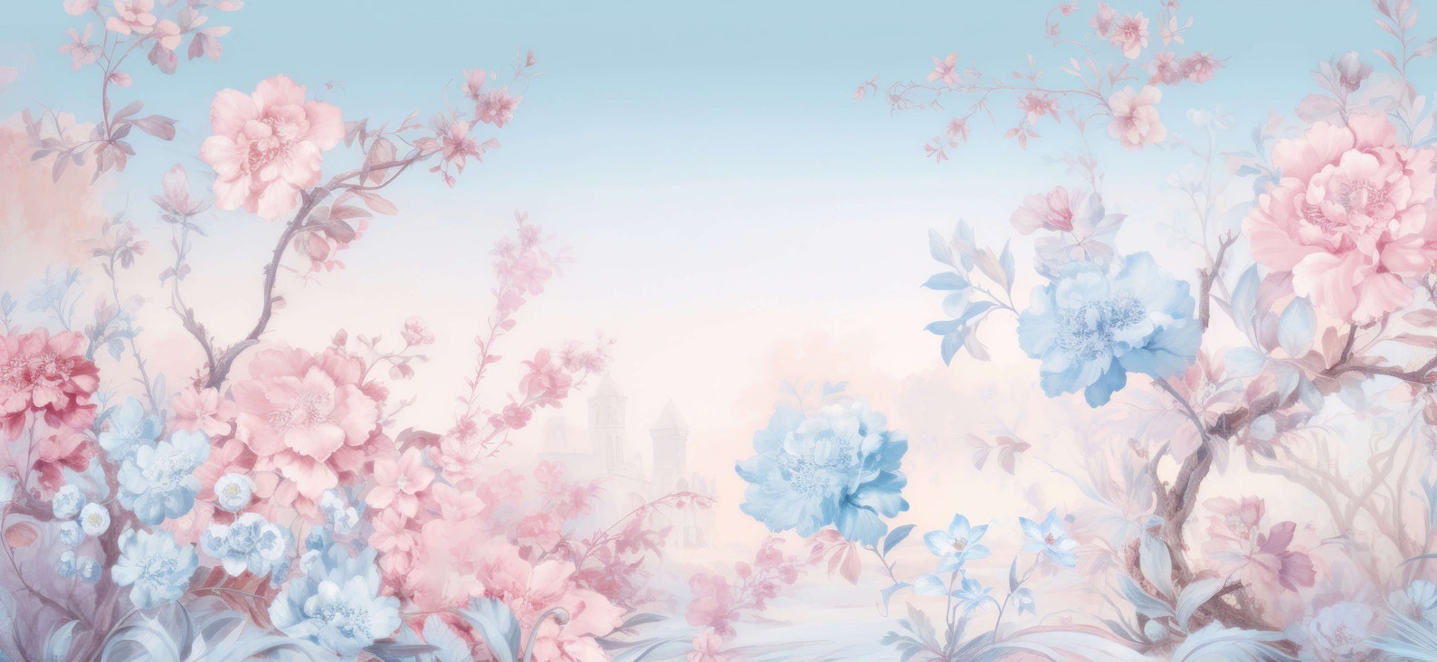 Pink & Blue Rococo Floral Wallpaper Mural - Etsy