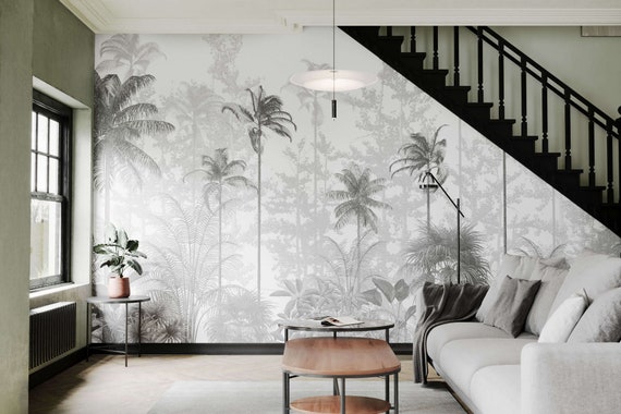 Black & White Tropical Jungle Wallpaper Jungle Tree Mural - Etsy UK