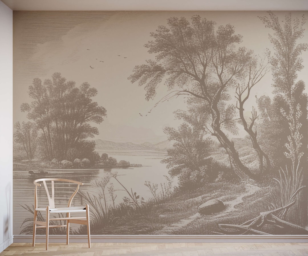 Vintage River Scene Wallpaper Etched Design - Etsy