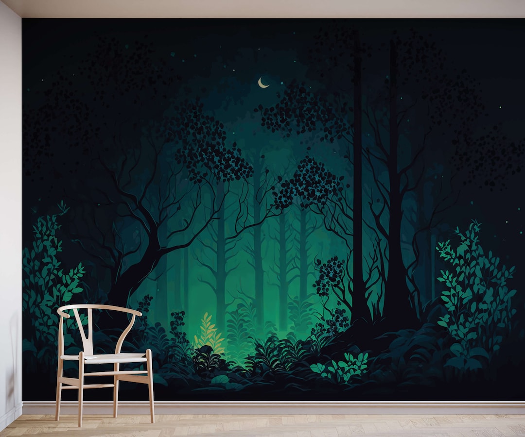 Illustrated Dark Forest Wallpaper Mural - Etsy