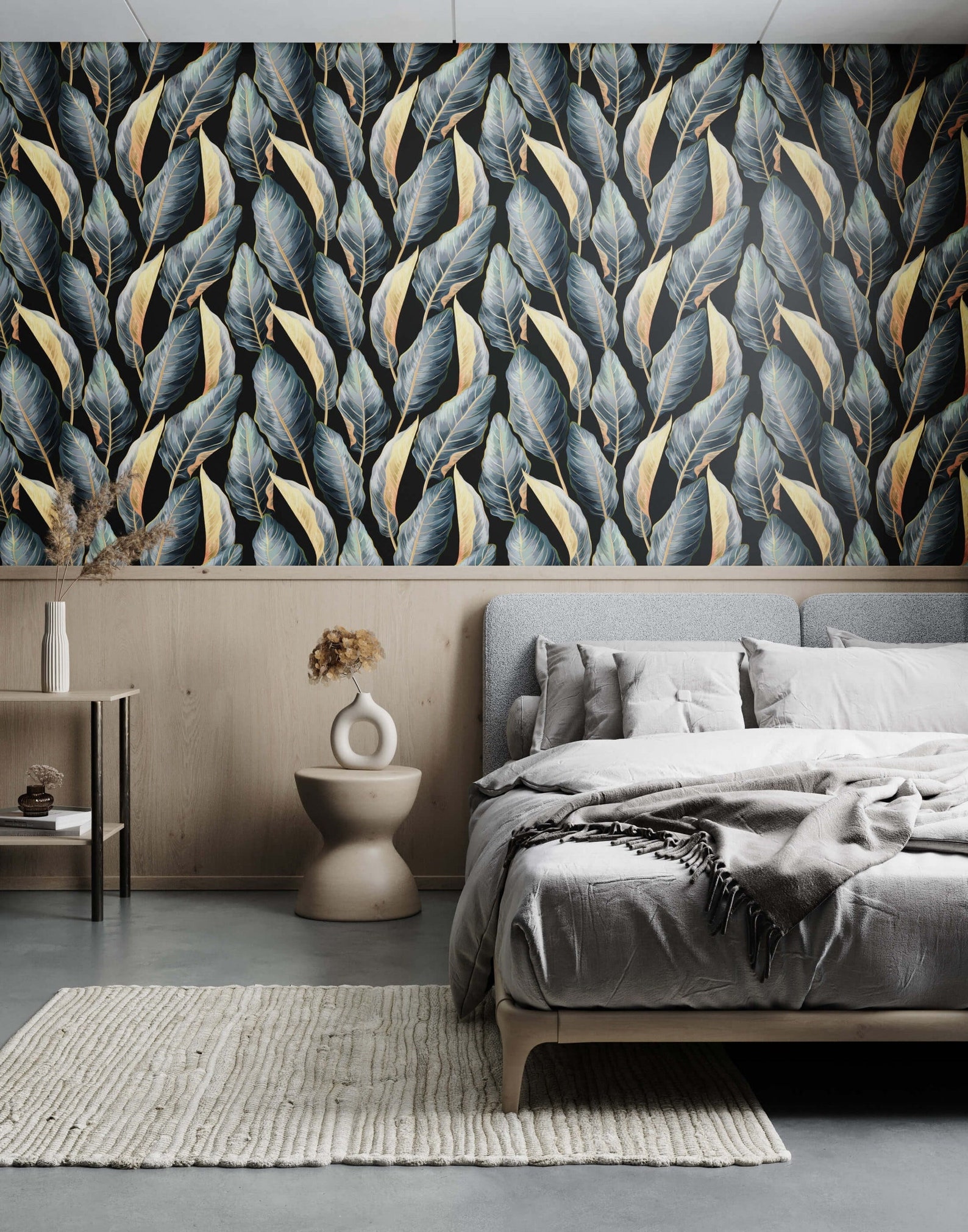 Dark Tropical Wallpaper | Calathea Leaves Wallpaper Design in Black ...