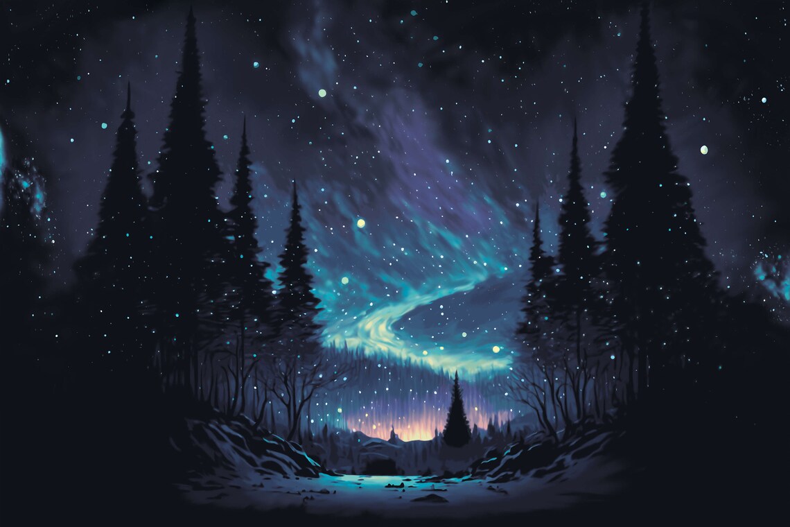Starry Night Forest Wallpaper Mural - Etsy