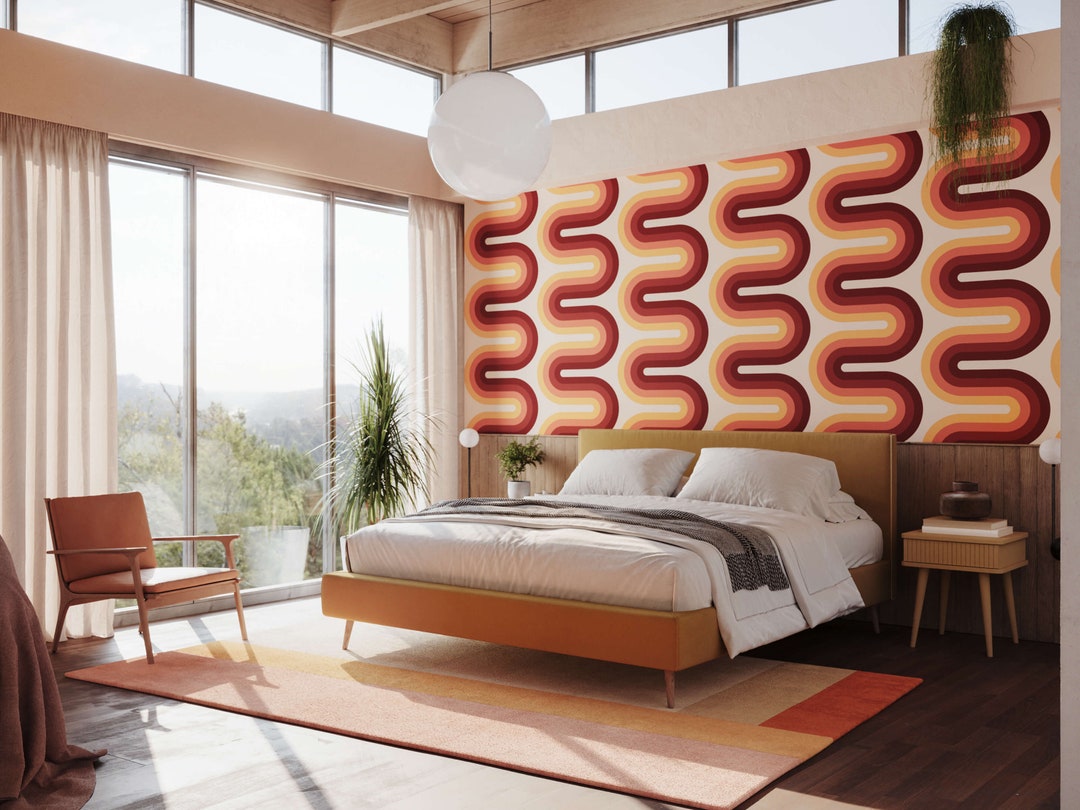 Retro Orange Squiggle Wallpaper Mural - Etsy