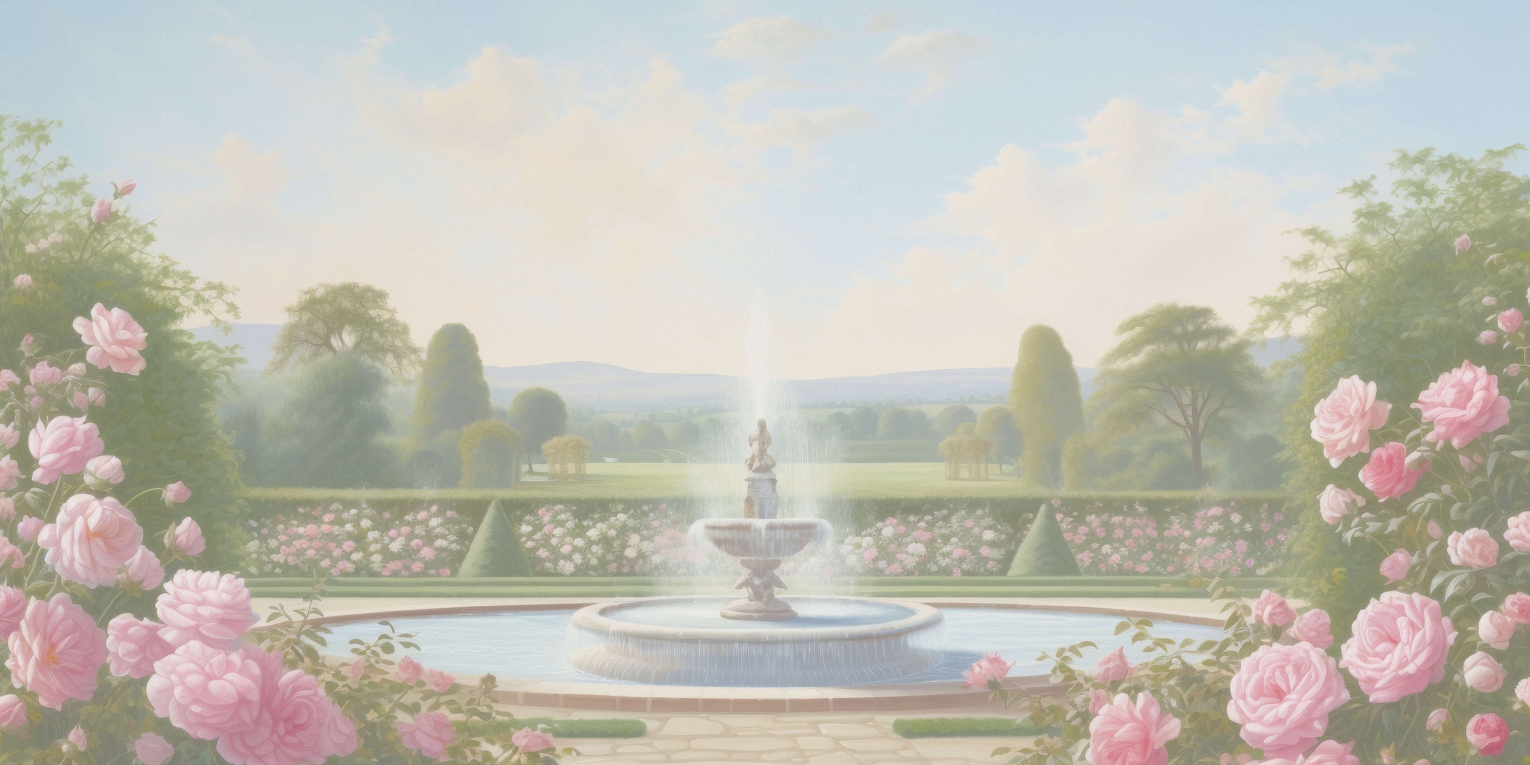 Rose Garden With Fountain Wallpaper Mural - Etsy