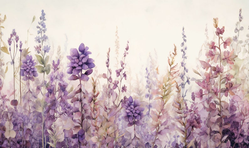 Purple Flower Wallpaper Mural Floral Meadow Scene - Etsy