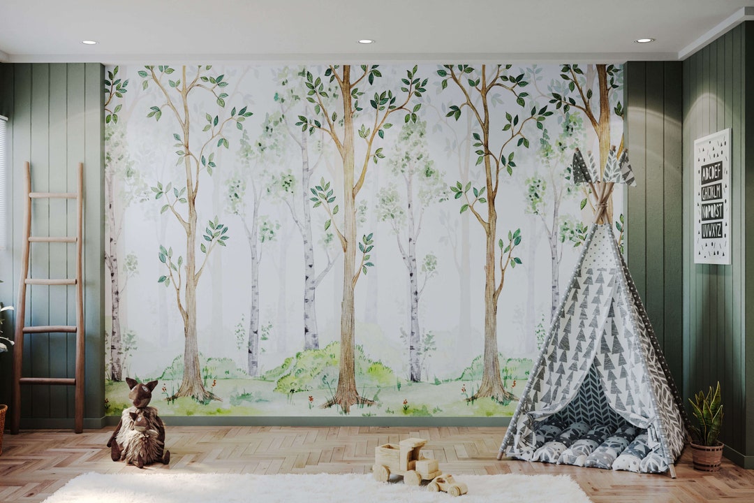 Watercolour Woodland Wallpaper Mural | Hand Painted Tree Wall Mural - Etsy
