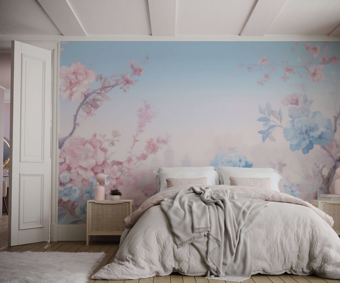 Pink & Blue Rococo Floral Wallpaper Mural - Etsy