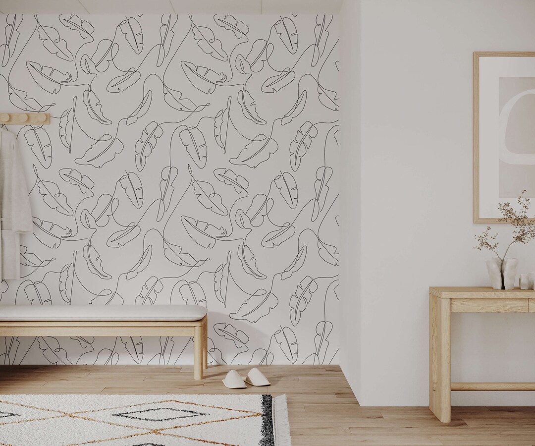 Scandi Wallpaper | Line Drawn Tropical Design Available in White, Beige ...