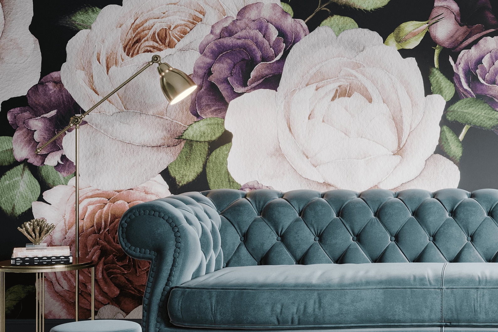 Dark Floral Wallpaper Large Scale Vintage Flower Mural | Etsy