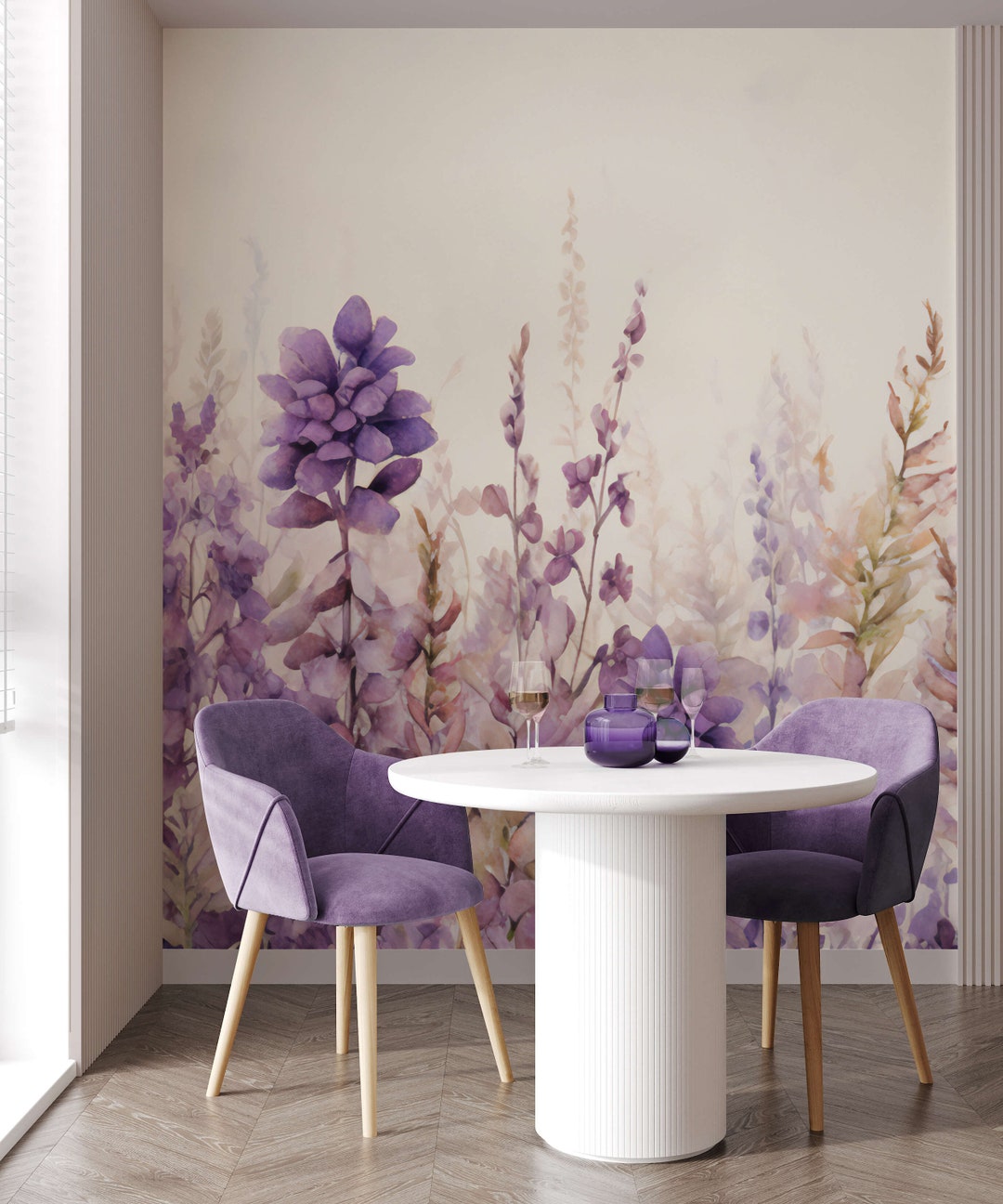 Purple Flower Wallpaper Mural Floral Meadow Scene - Etsy