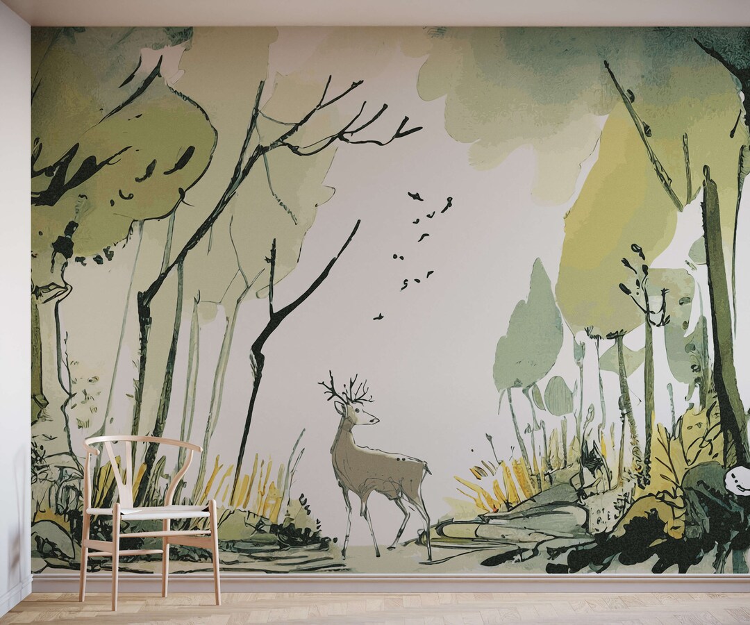 Illustrated Forest & Deer Wallpaper Mural - Etsy