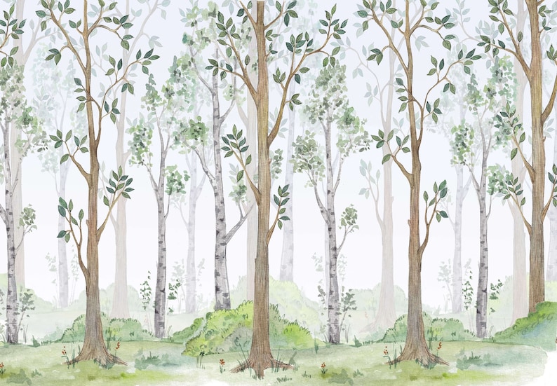 Watercolour Woodland Wallpaper Mural - Etsy