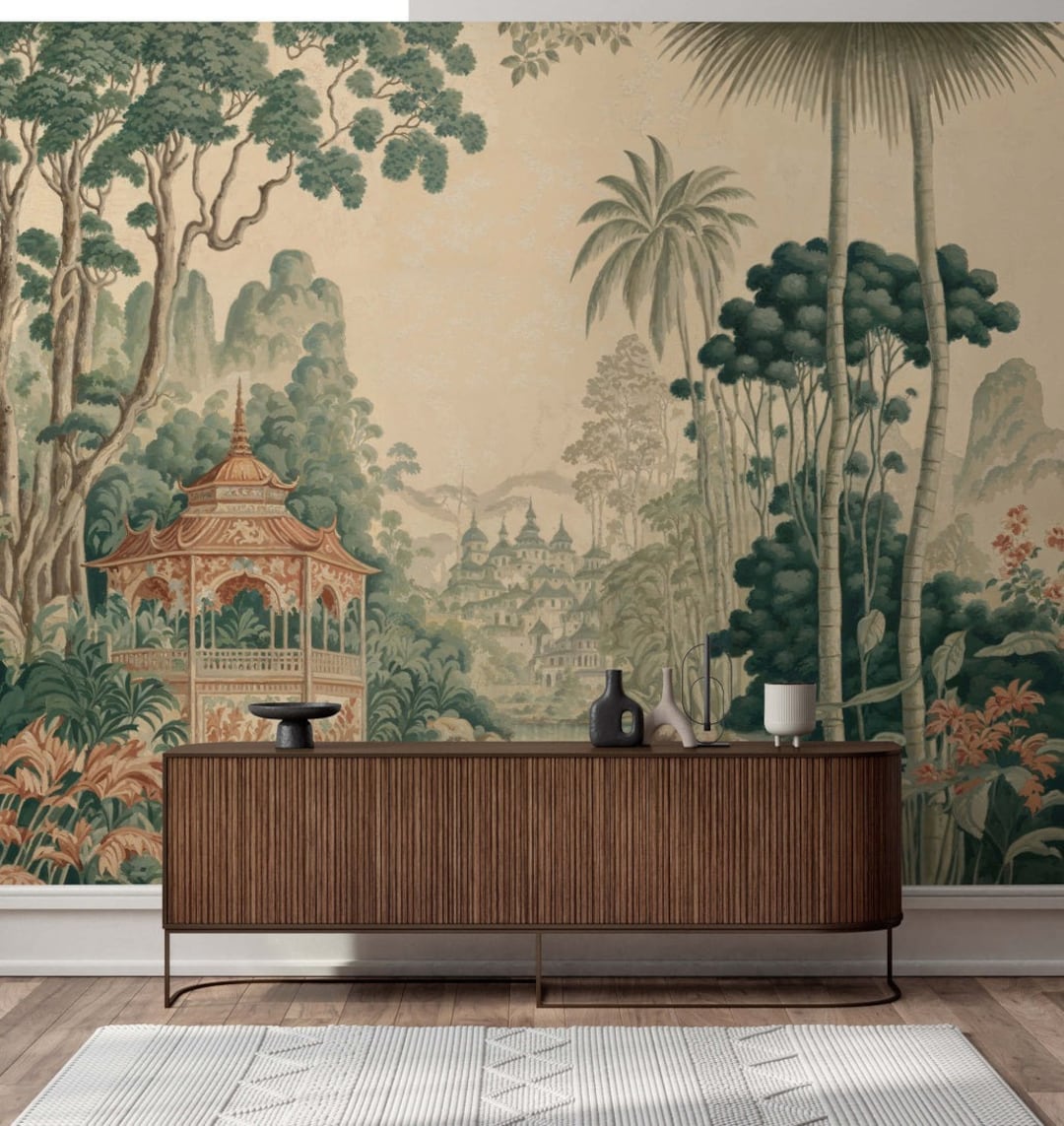 Asian Style Pagoda Wallpaper Mural | Tropical River Scene Wall Mural - Etsy