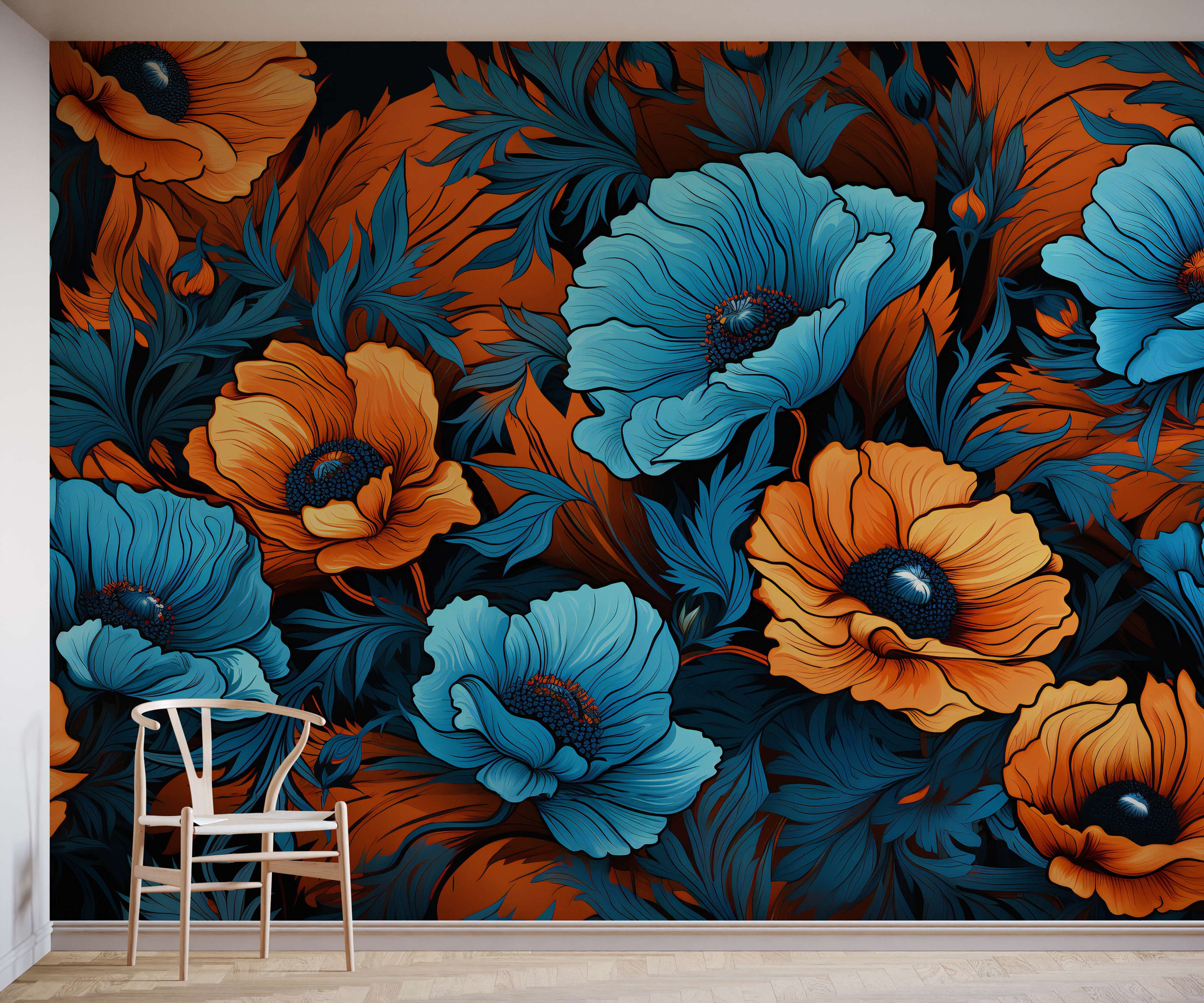 Bright Blue & Orange Floral Wallpaper Mural - Etsy
