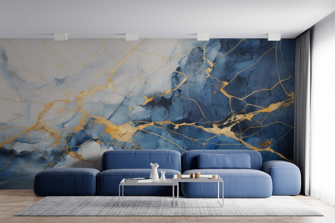 Blue Smoke Marble Wallpaper Mural | Watercolour Design - Etsy