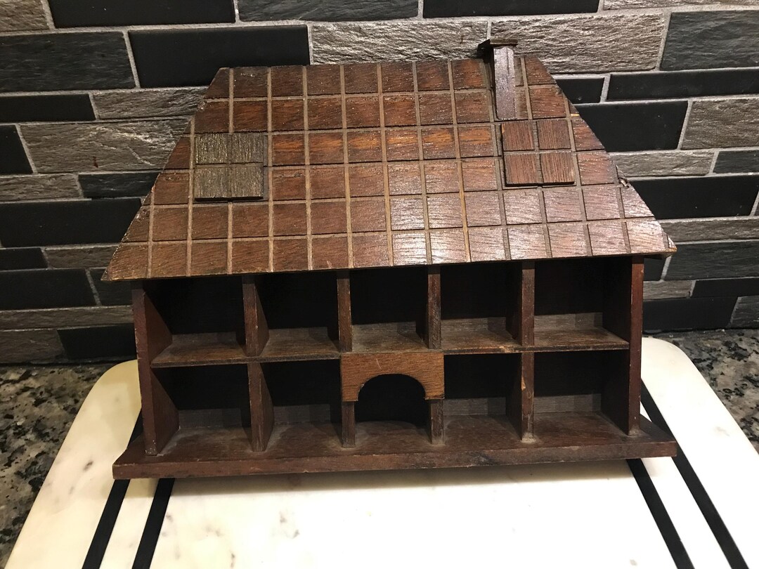 VTG Wooden House Shaped Shadow Box Curio Wall Hangers on Back Double ...