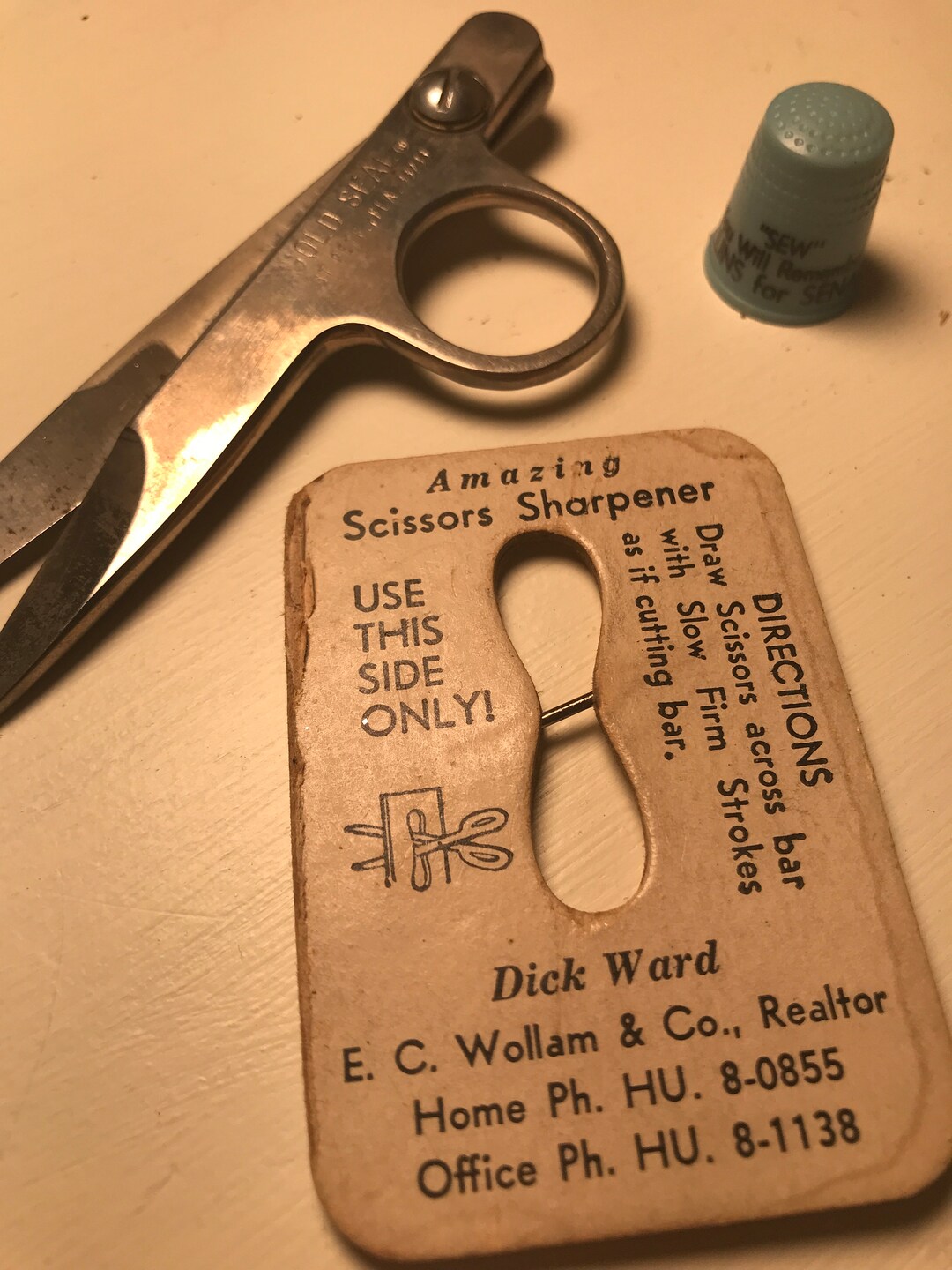 VTG 70s Sewing Items - Scissor Sharpener, Blue Plastic Thimble & Gold ...
