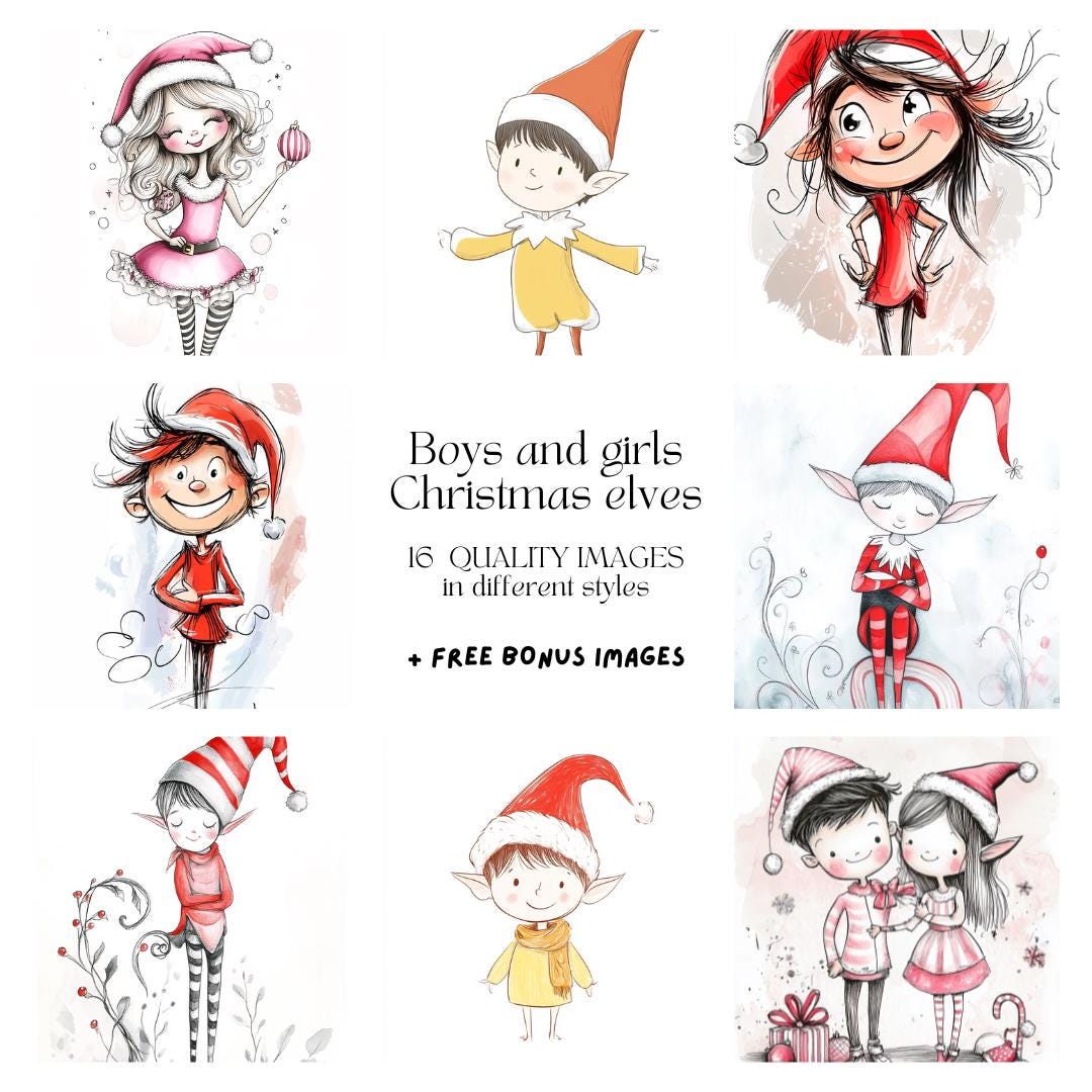Christmas Elves Boys and Girls Clipart Bundle 16 Png Files, Commercial ...