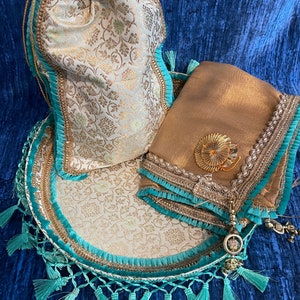 Decorated Thali Set: Banarsi Fabric, Potli Bag & Organza Cover - Etsy