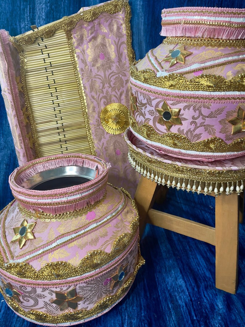 Baby Pink Banarsi Fabric Jaggo Set With LED Lights, Two Dunde, One ...