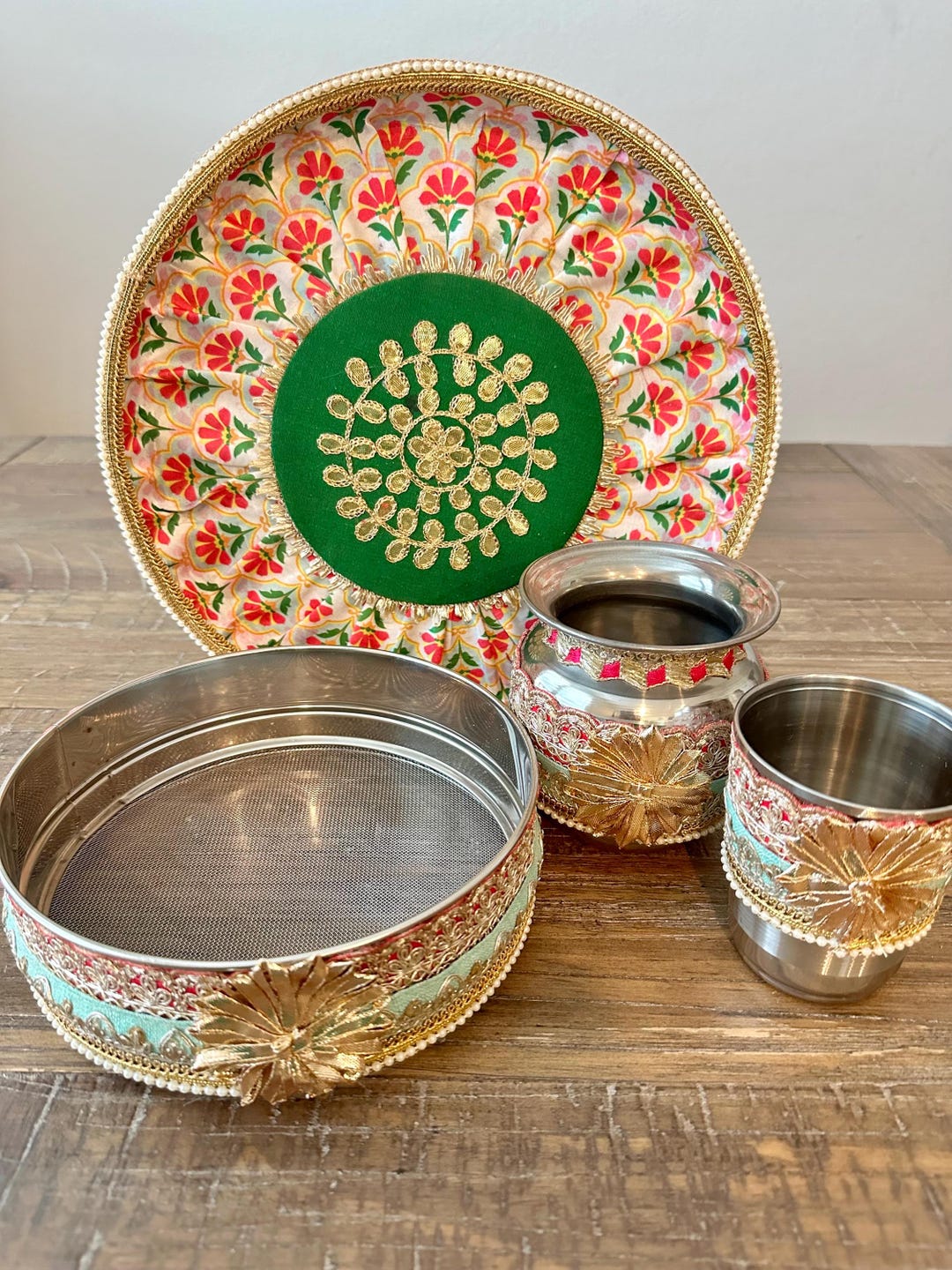 Floral Print Karwa Chauth Set |karwa Chauth Thali Set | Thali With Cover| Matki | Channi | Karwa ...
