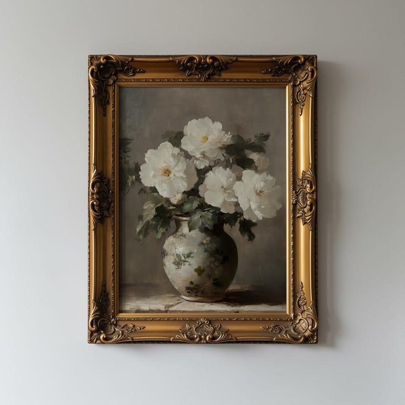 White Floral Still Life Printable, Vintage Botanical Wall Art, Neutral ...