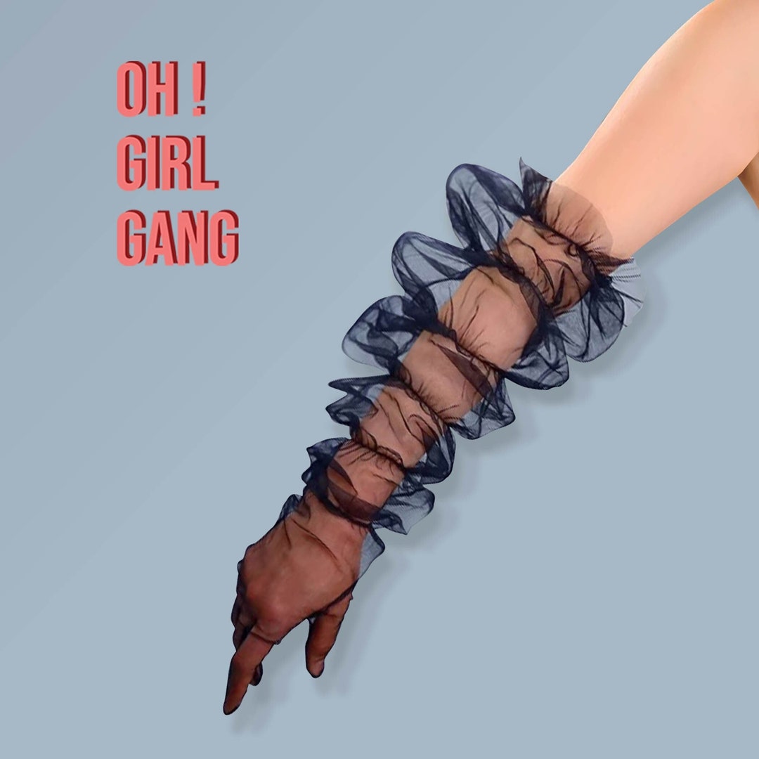 Black Ruffle Sheer Gloves, (85cm) White Bridal Sleeves Gloves, Black ...