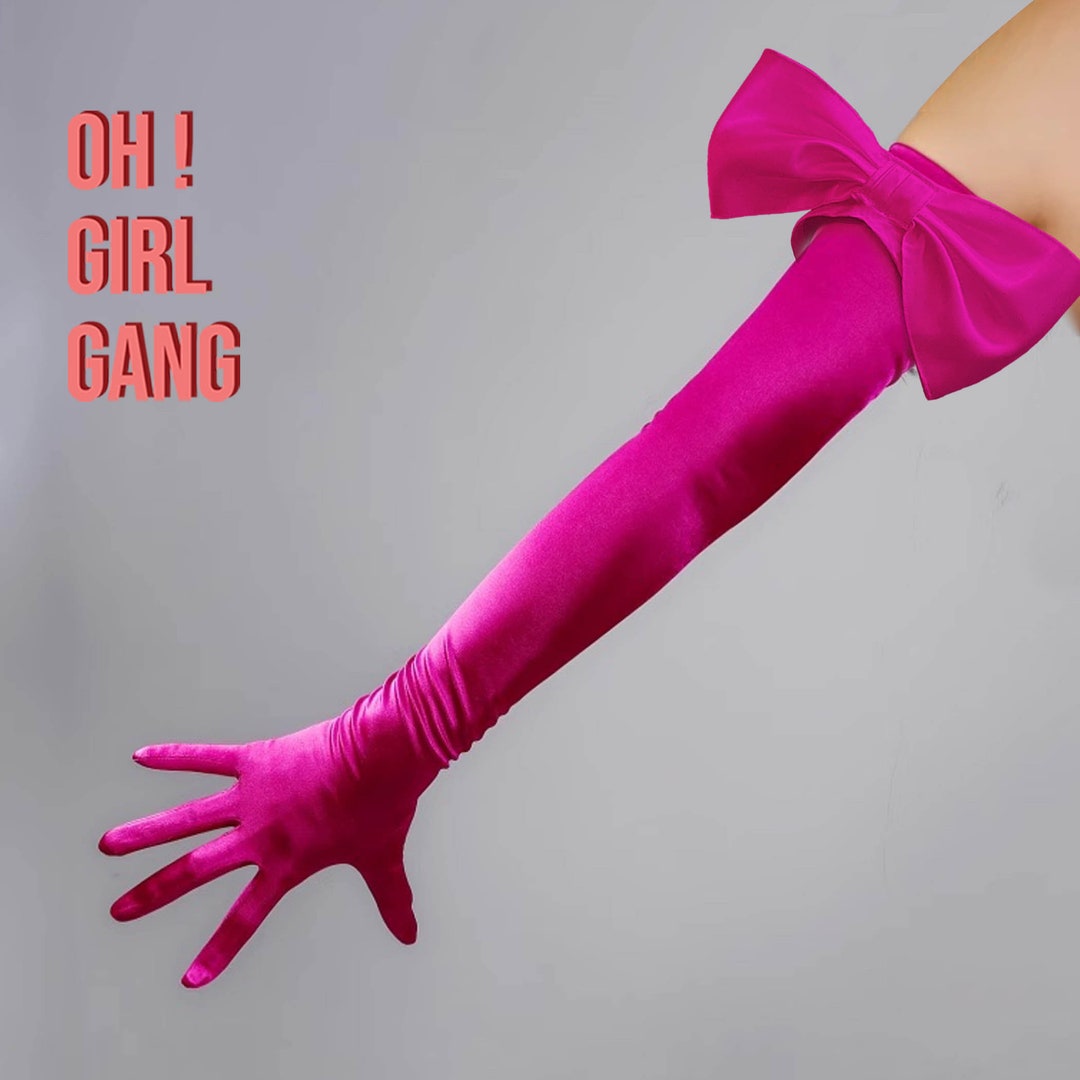 Magenta Pink Fuchsia Satin Opera Gloves With Bow – Bridal Accessories ...