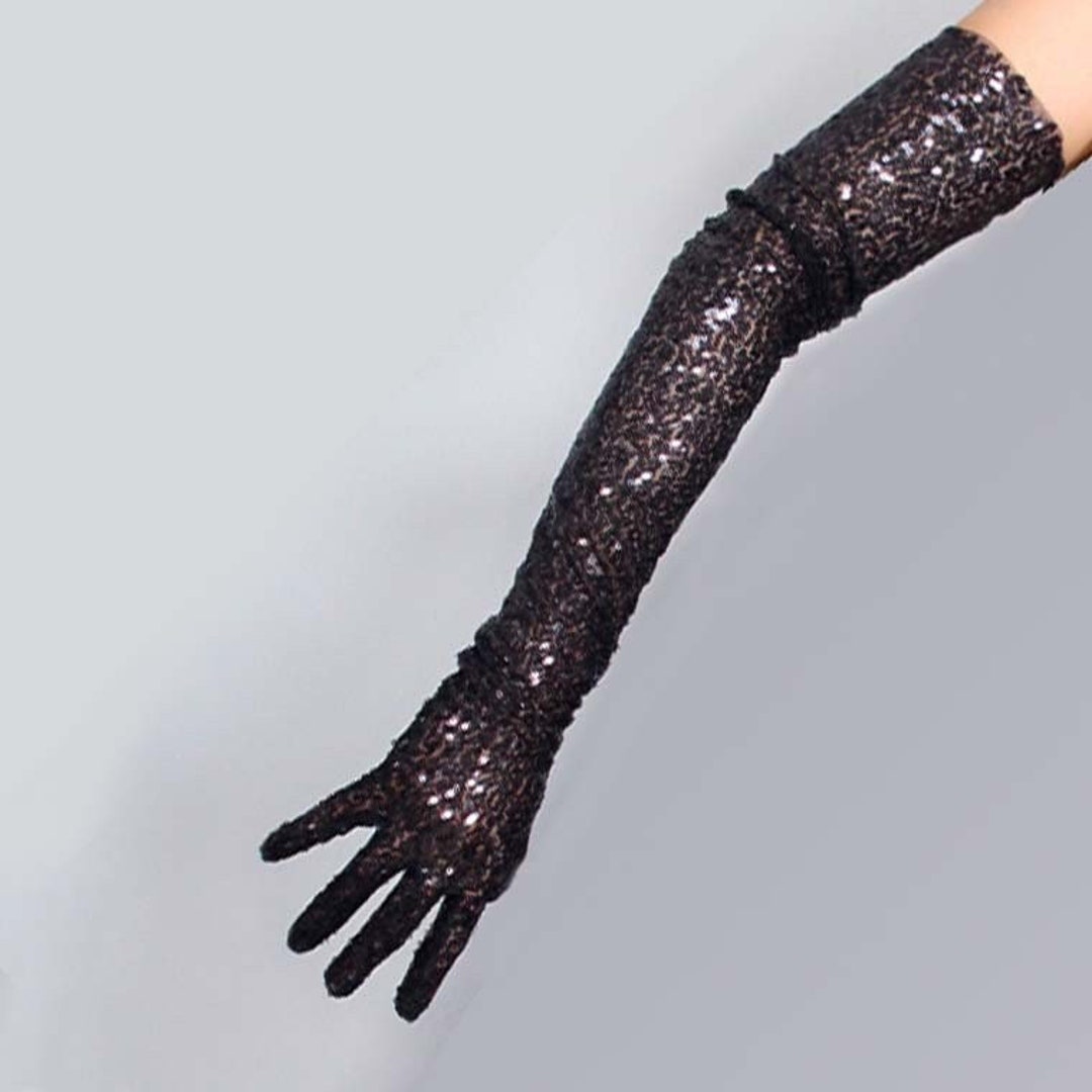 Shiny Black Sequin Opera Gloves, Bling Bling Satin Gloves, Costume ...