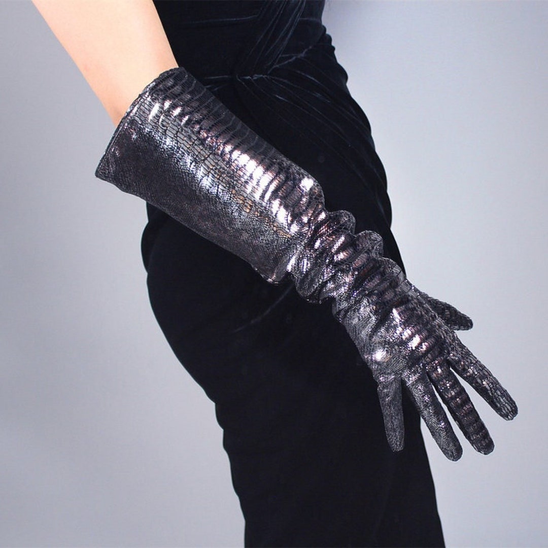 Shiny Metallic Genuine Leather Gloves, Dark Silver Party Costume Gloves ...