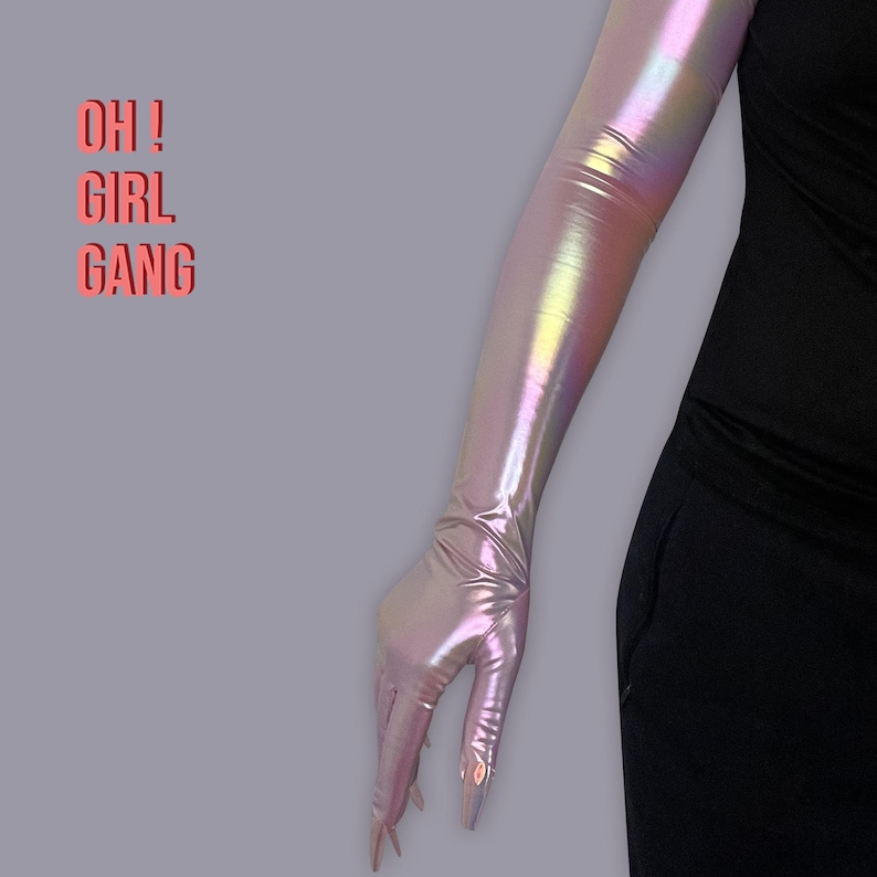 Pink Holographic Nails Spandex Opera Gloves: Rave Costume Party Style ...