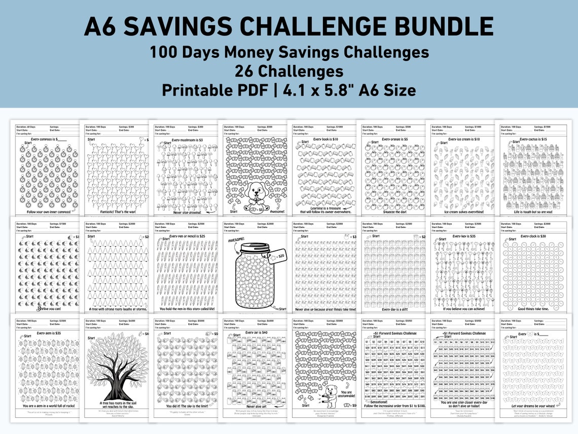 Savings Challenge Printable Bundle, A6 Sized Saving Money Challenge ...
