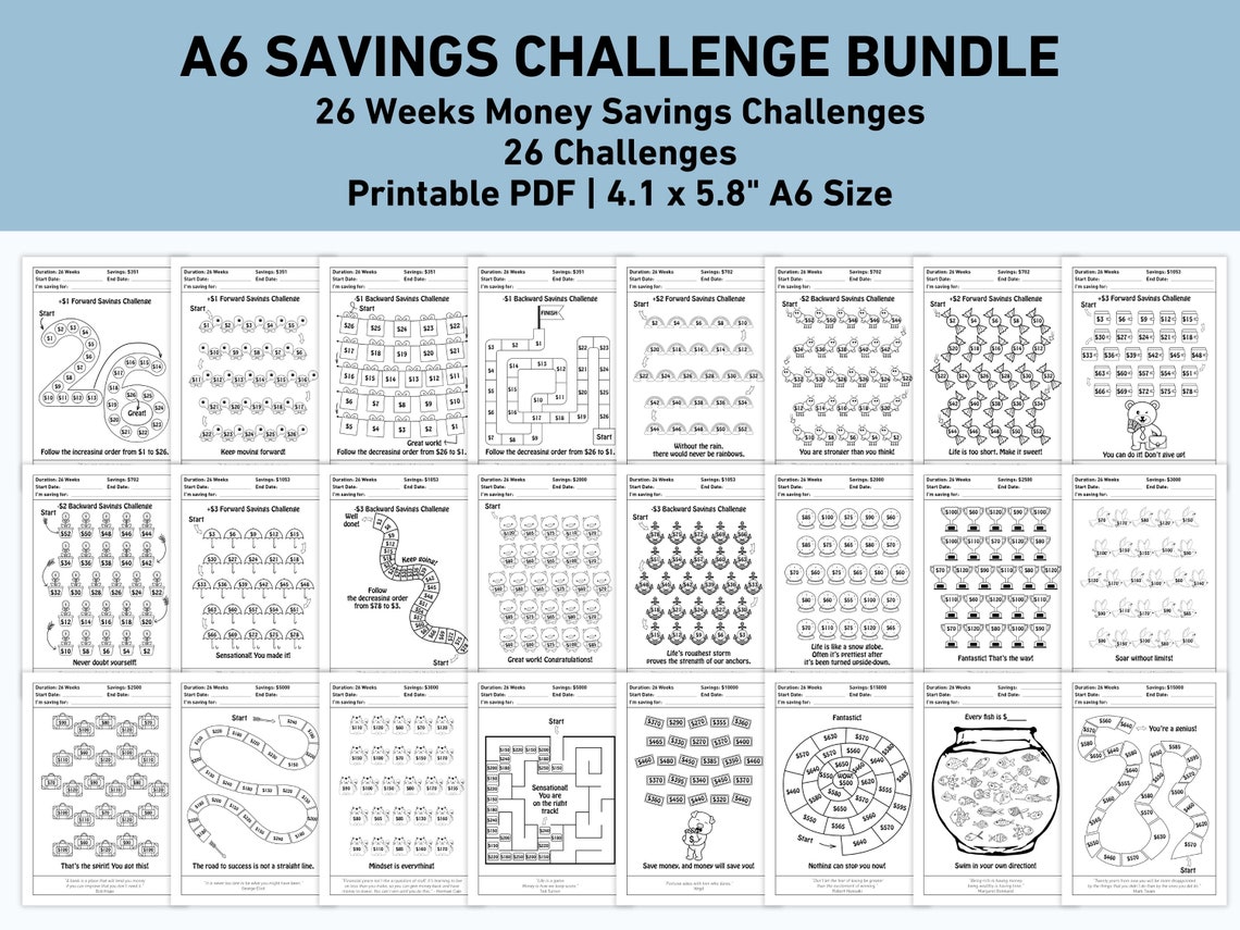 Savings Challenge Printable Bundle, A6 Sized Saving Money Challenge ...