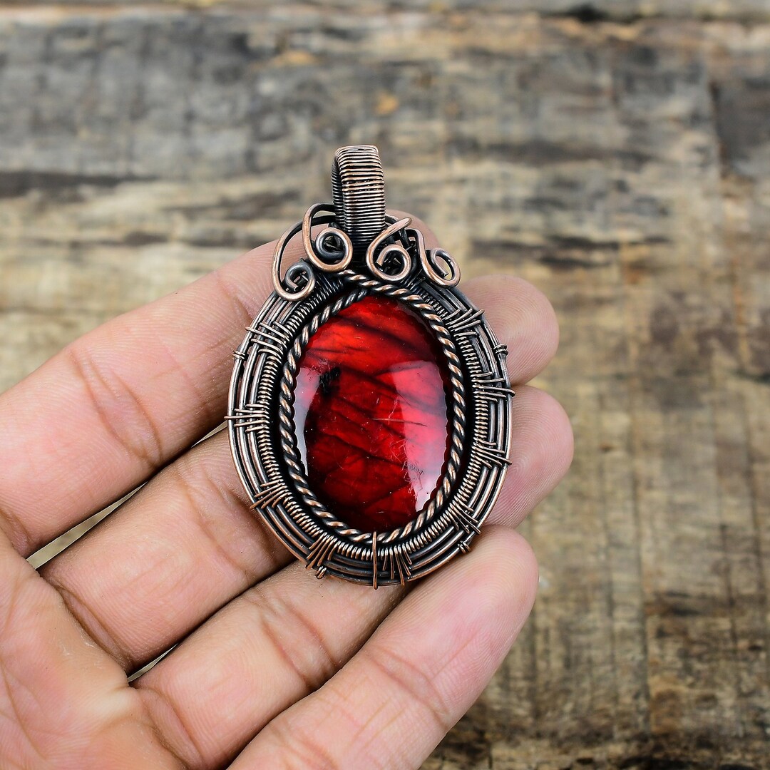 Red Flash Labradorite Pendant Copper Wire Wrapped Pendant Labradorite ...