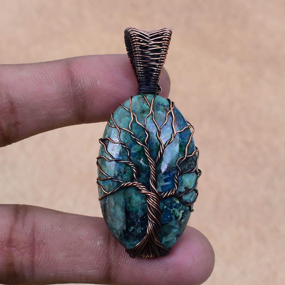Oval Azurite Malachite Pendant - Copper Wire Wrapped Gemstone Pendant ...