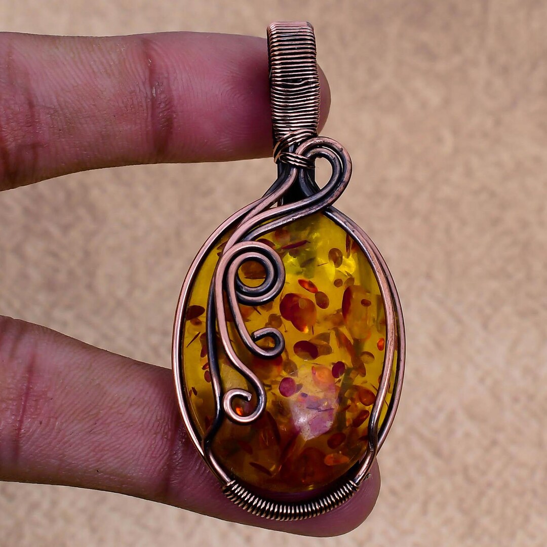 Baltic Amber Gemstone Pendant Handmade Pendant Copper Wire Wrapped ...
