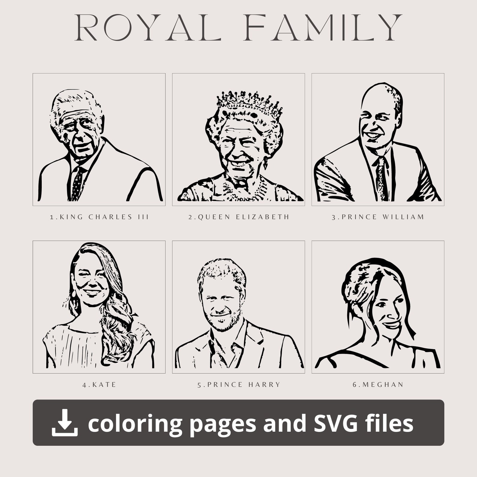 Queen Elizabeth and Royal Family Coloring Pages With SVG Files - Etsy