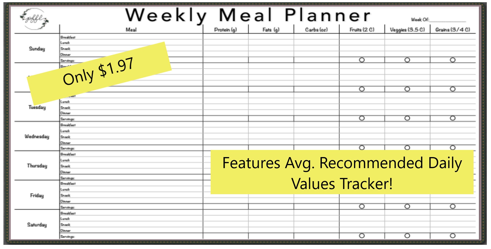Digital Weekly Meal Planner | Printable | Includes Daily Value Tracker ...