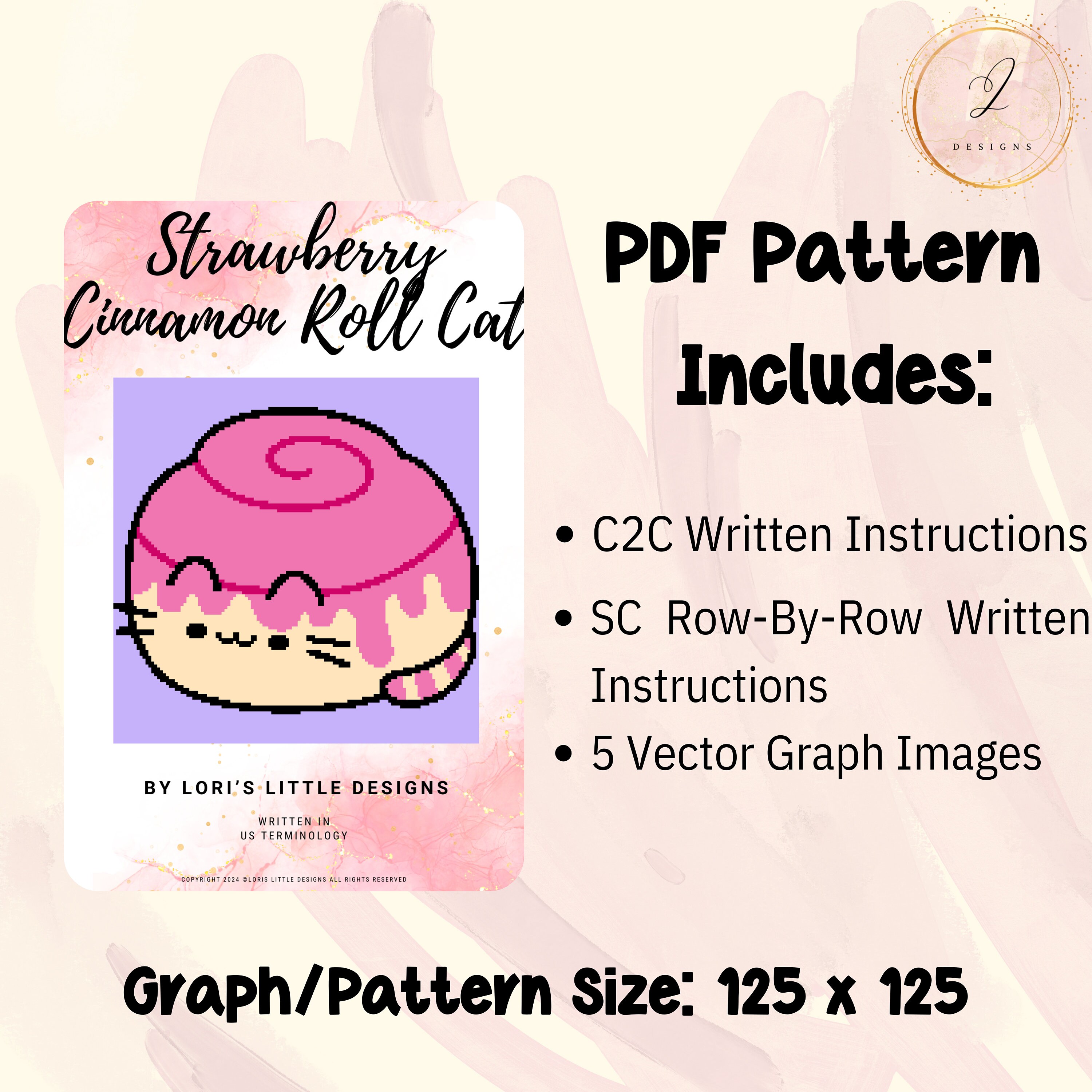 Strawberry Cinnamon Roll Cat C2C Crochet Blanket Pattern & Graph, Cat ...