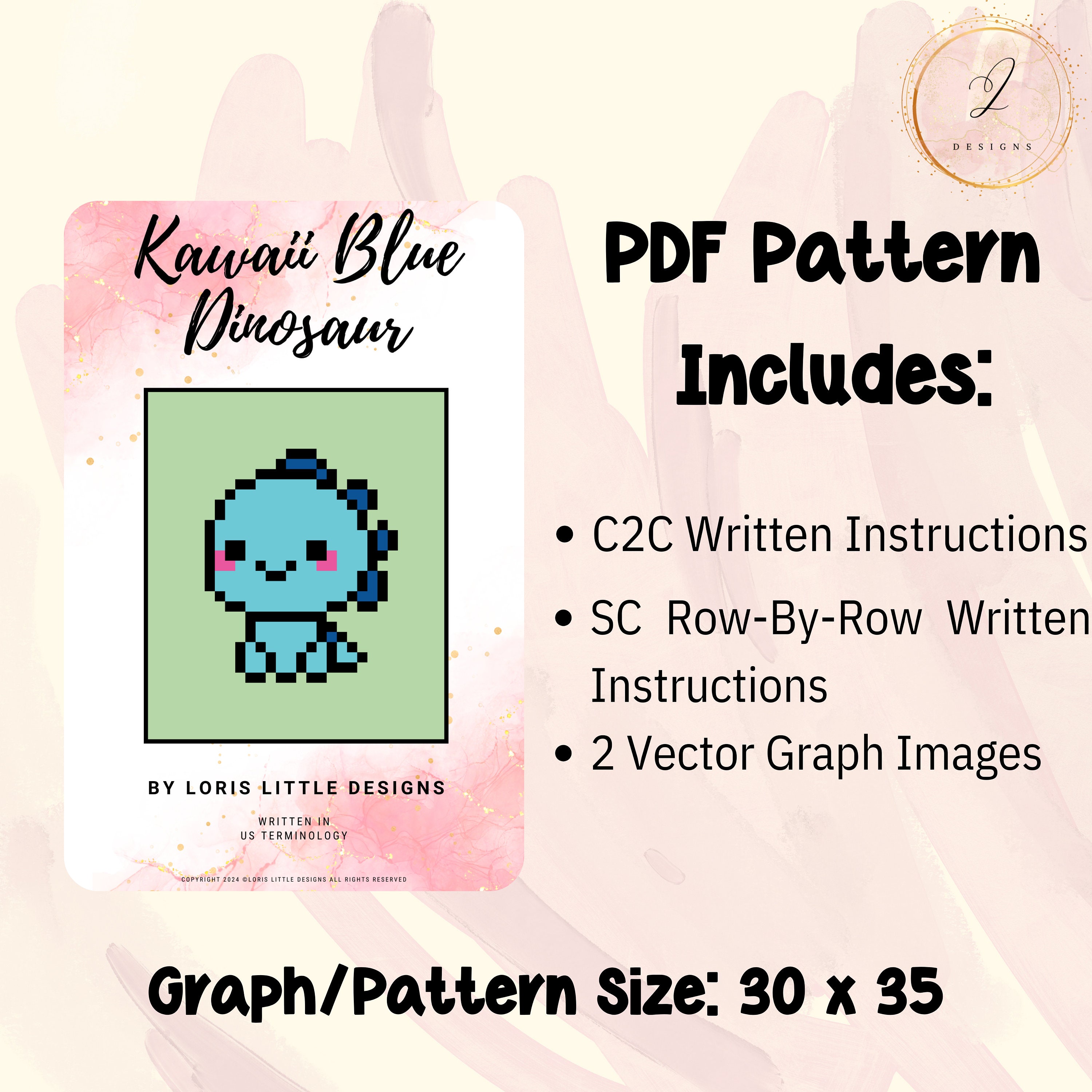 Kawaii Blue Dinosaur C2C Crochet Blanket Pattern & Graph, Dinosaur ...