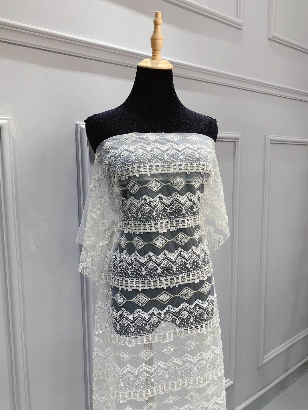 White Beaded Bridal Lace Fabric - Geometric Sequin Embroidered Mesh by ...