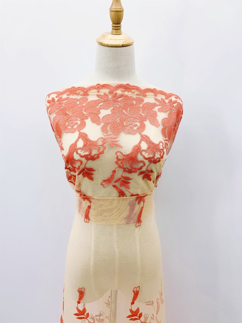 CLEARANCE - Orange Floral Embroidered Mesh With Scalloped Edges - Light ...