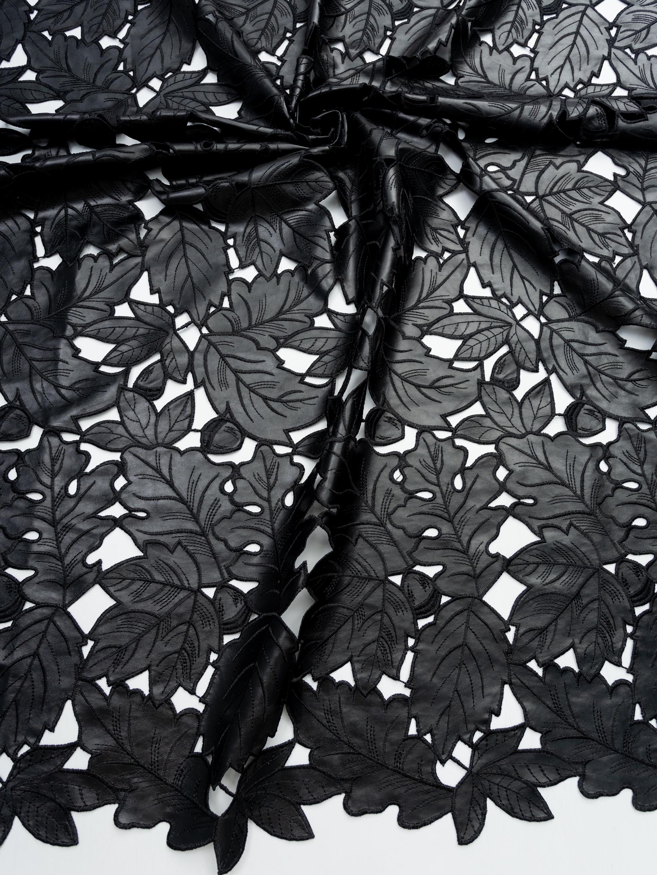Black PU Laser Cut Leaf Lace Fabric by the Yard – High-fashion Designer ...