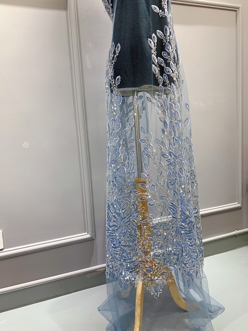 Blue/salmon Pink Sequin Embroidered Mesh by the Yard - Heavy Beaded ...