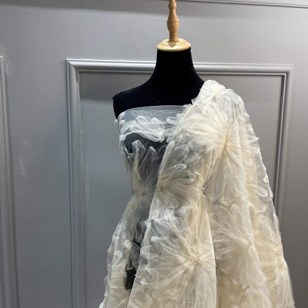 Off White Floral Embroidered Tulle Net Fabric for Bridal Dress Sewing ...