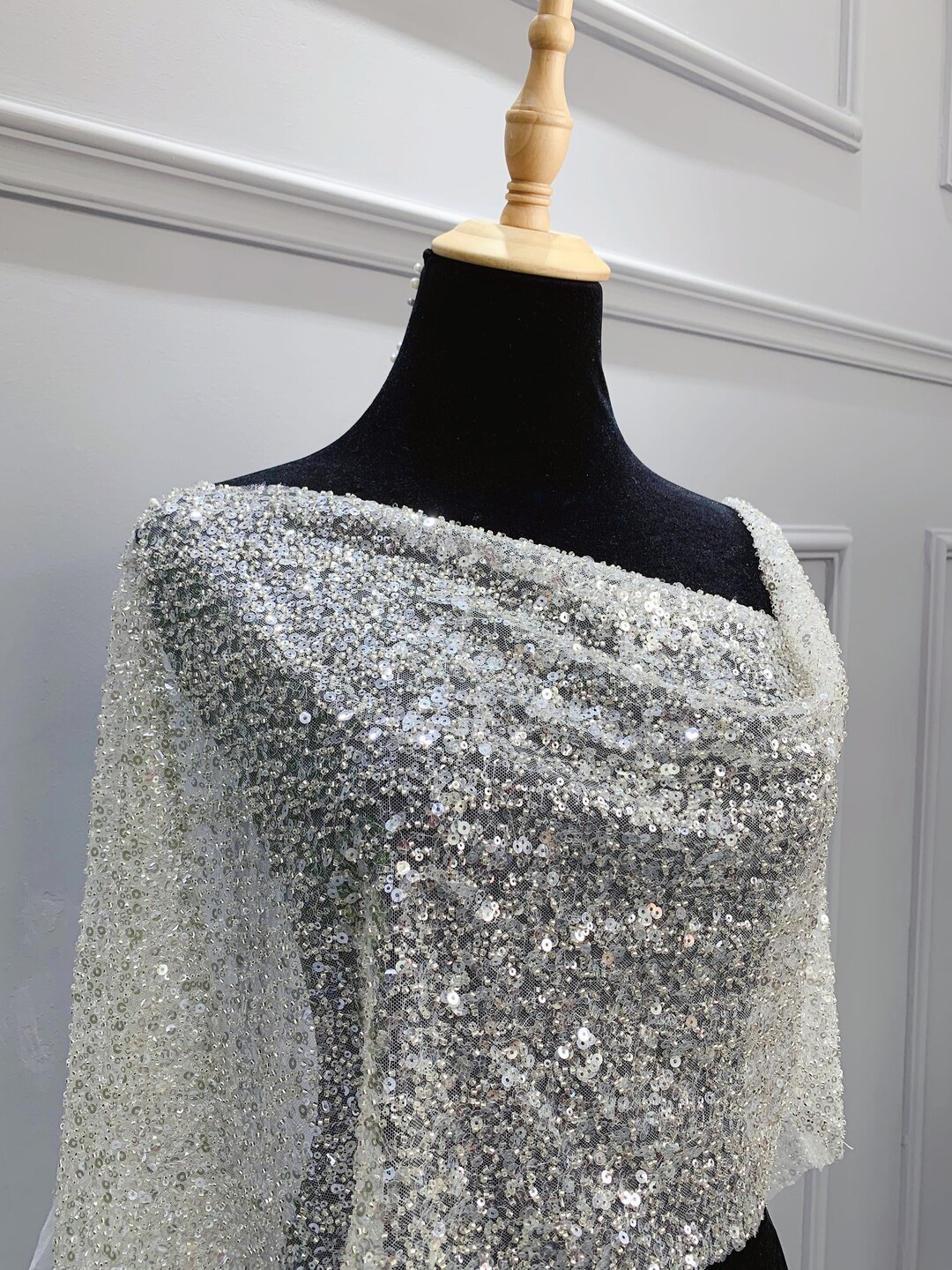 Ivory White Sequin Embroidered Mesh by the Yard - Heavy Beaded Wedding ...