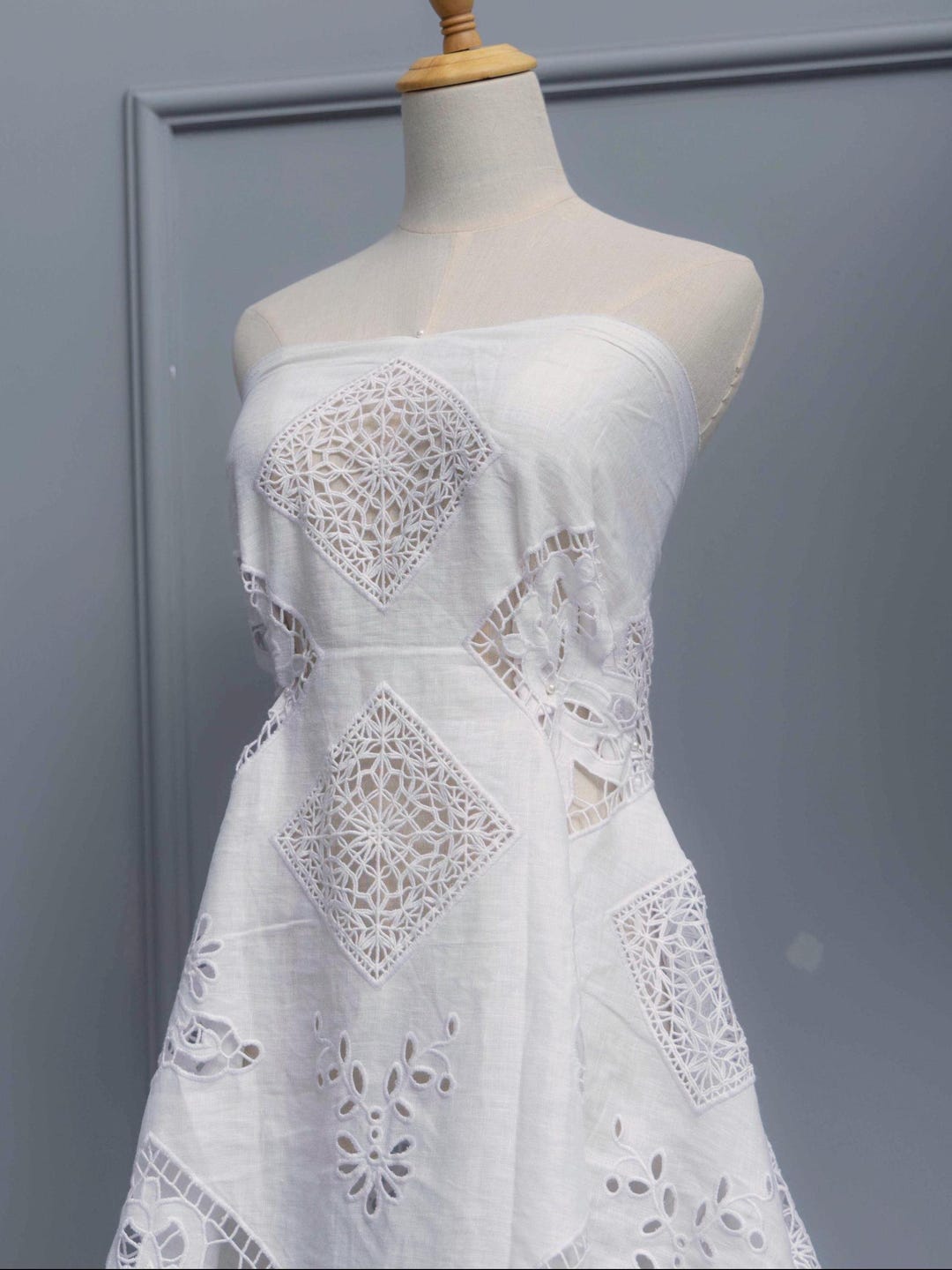 White Linen Laser Cut Embroidered Fabric by Yard – Geometric Cutwork ...
