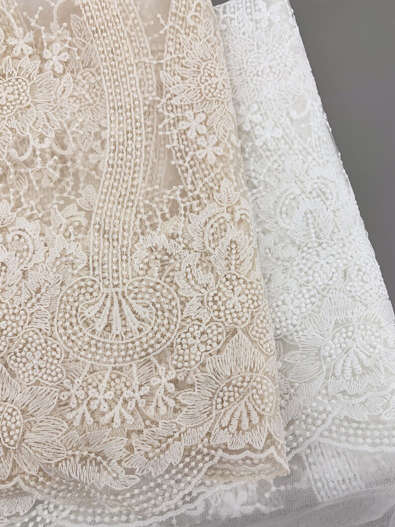 Light Beige Floral Embroidery Mesh Lace Fabric With Scalloped Edge ...