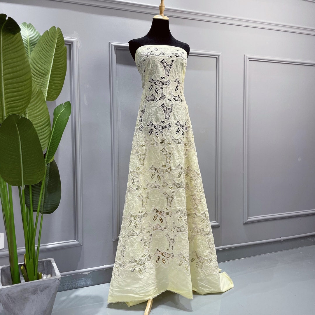 Floral Cord Embroidery on Light Yellow Cotton Voile - Wedding Dress ...