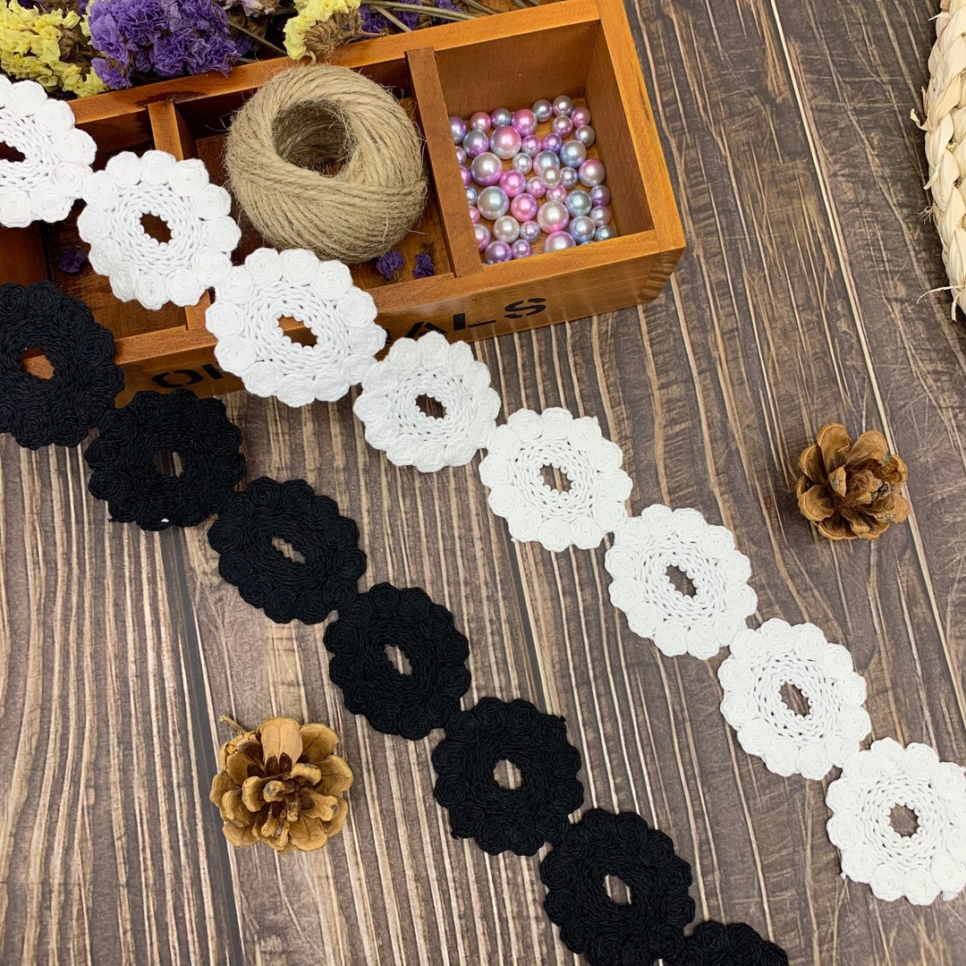 Polyester Circle Embroidered Trim by the Yard - White/black Edge Lace ...